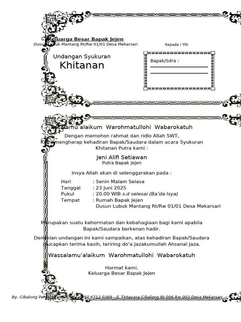 Undangan Syukuran Khitanan Jeni Alifi | PDF