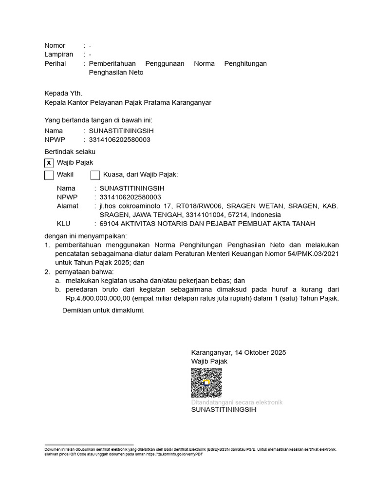 Pemberitahuan Penggunaan Norma Penghitungan Penghasilan Neto (2) | PDF