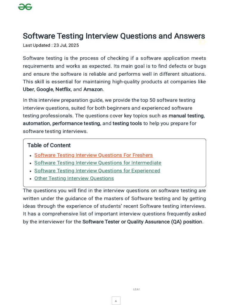 Software Testing Interview Questions and Answers - GeeksforGeeks | PDF ...