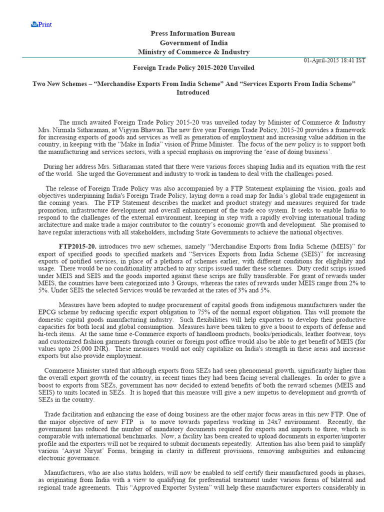 Foreign Trade Policy 2015-2020 Unveile | PDF | Exports | Trade