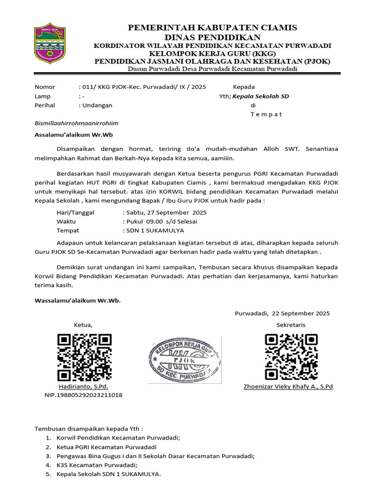 8.surat Undangan KKG PJOK 27 SEPTEMBER 2025 | PDF