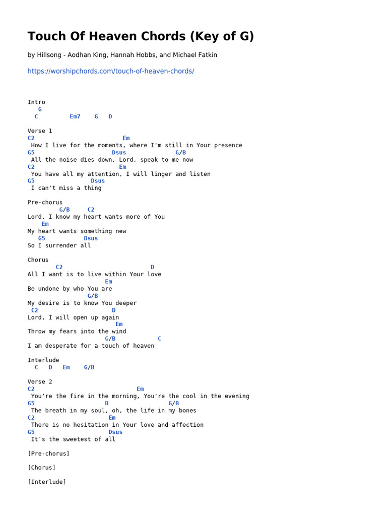 Touch of Heaven Chords Key G 61345 | PDF