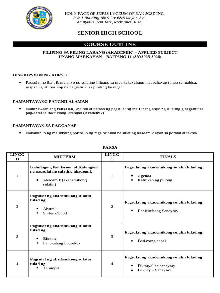 Course Outline Filrang (Akademik) | PDF