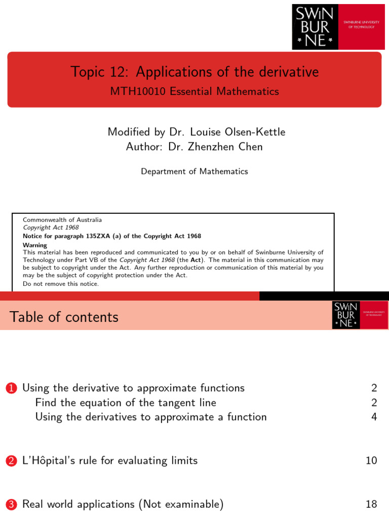 MTH10010 Topic 12 Applications+of+the+derivative | PDF | Tangent ...