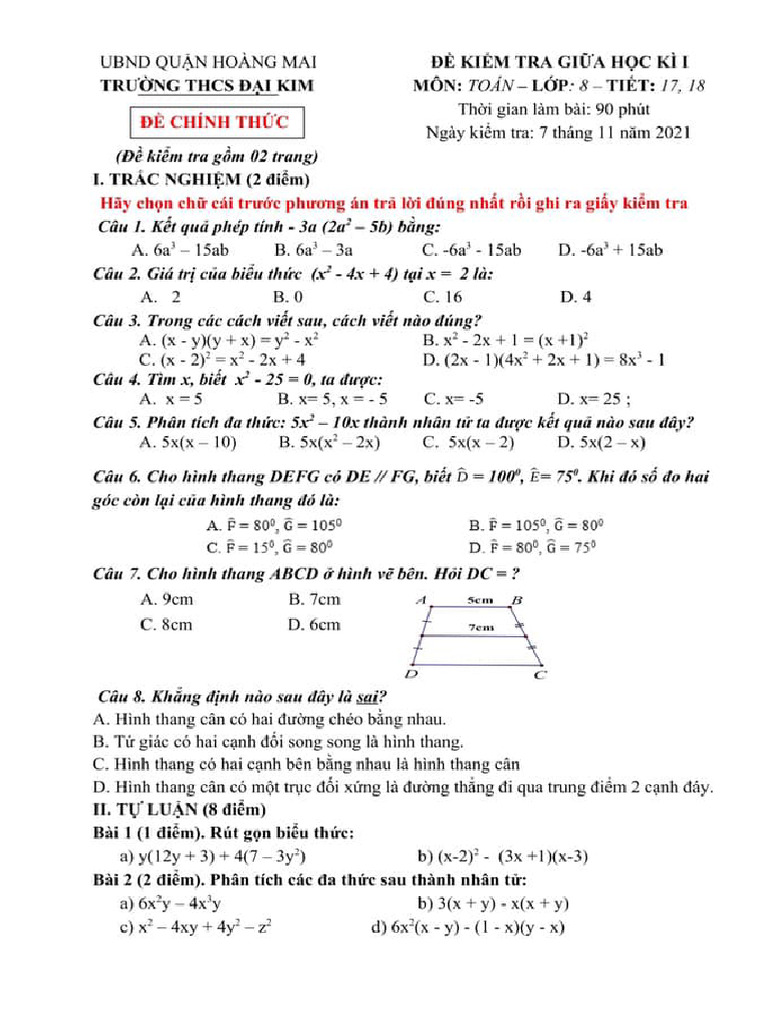 De Thi Giua Hoc Ki 1 Toan 8 Nam 2021 2022 Truong Thcs Dai Kim Ha Noi | PDF