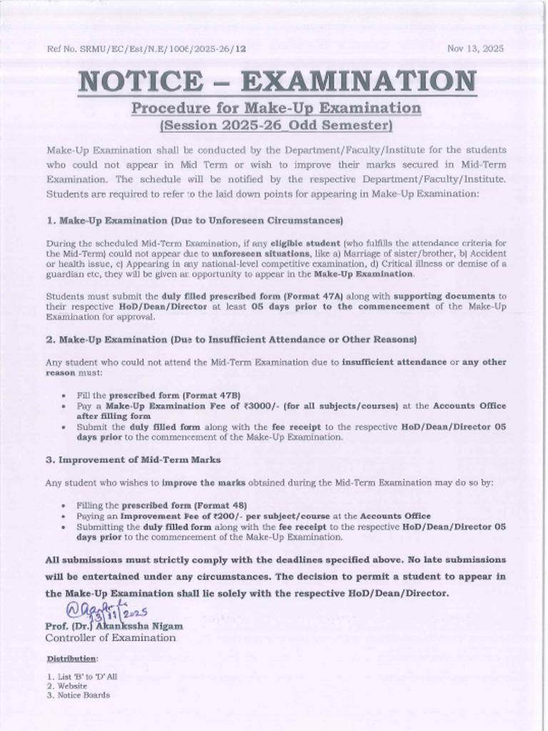 Notice 12 - Procedure For Make Up Examination (Session 2025-26 - Odd ...