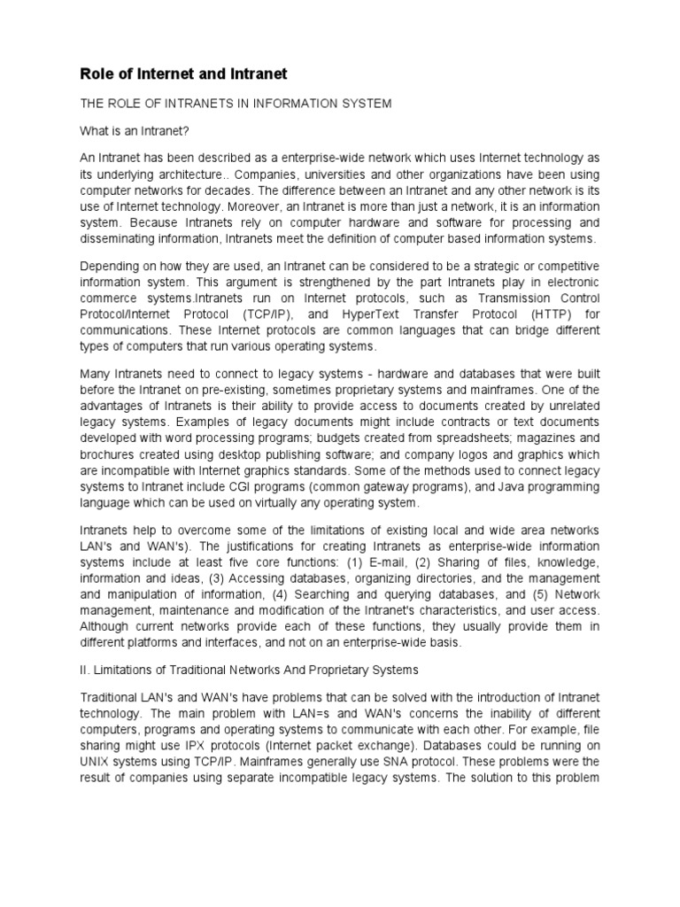 Role of Internet and Intranet | PDF | E Commerce | Computer Network
