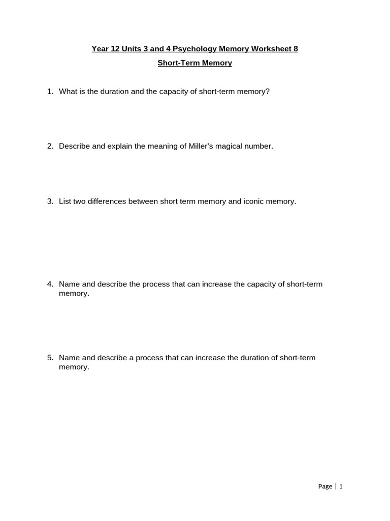 Year 12 Psychology Memory Worksheet 8 | PDF