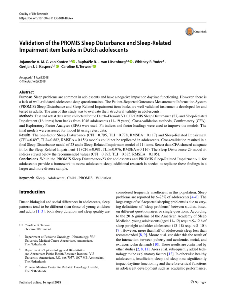 Validation of PROMIS Sleep Tools in Adolescents | PDF | Psychological ...