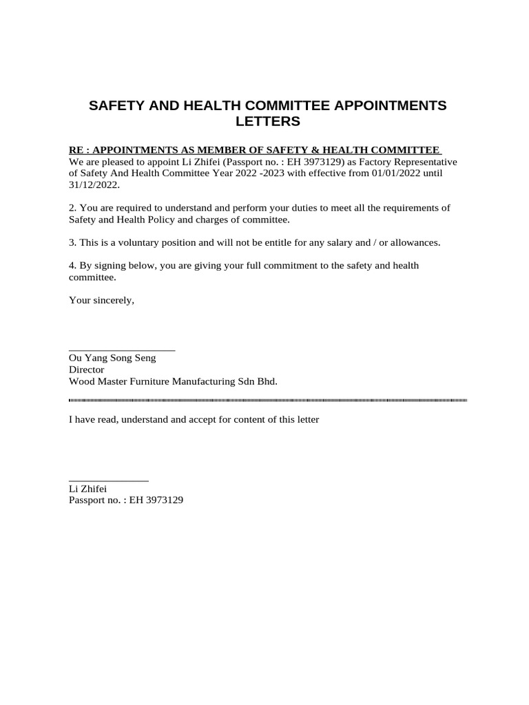 Safety Committee Appointment Letter - Li Zhifei | PDF