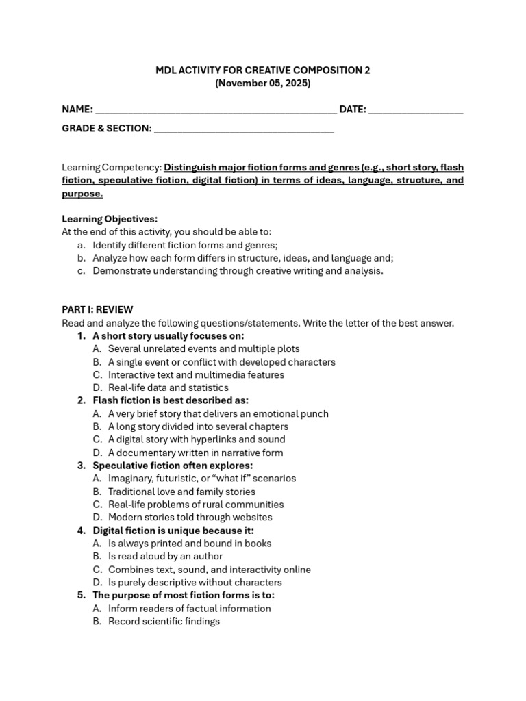 Fiction Forms and Creative Writing Activity | PDF | Narrative ...