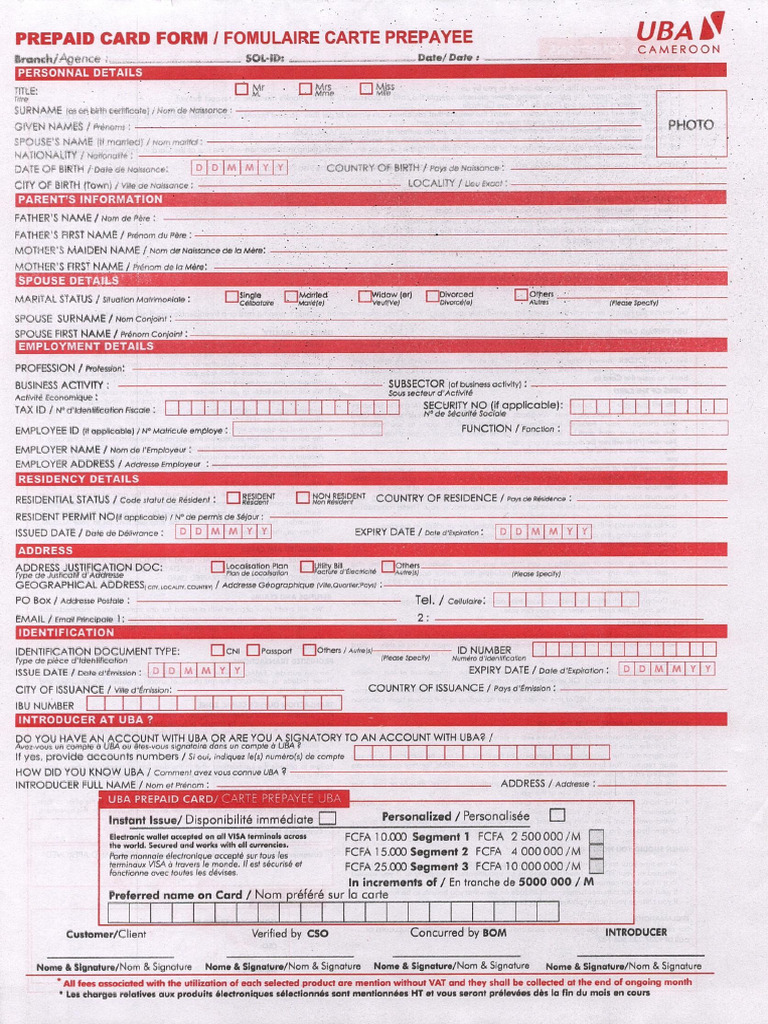 Formulaire Carte Prépayée. Fiche Uba | PDF