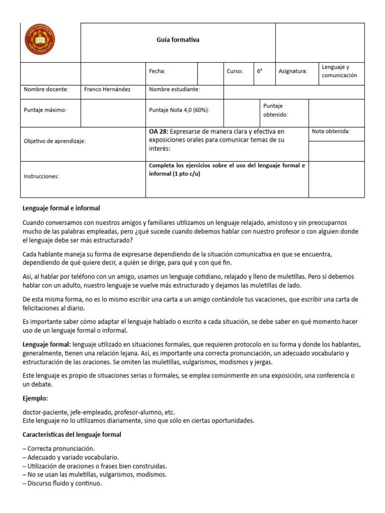 Guía Formativa Lenguaje Formal e Informal Sexto Basico | PDF | Comunicación humana | Lingüística