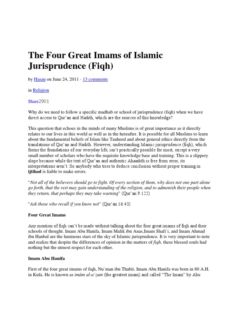 The Four Great Imams of Islamic Jurisprudence | PDF | Hadith | Theocracy