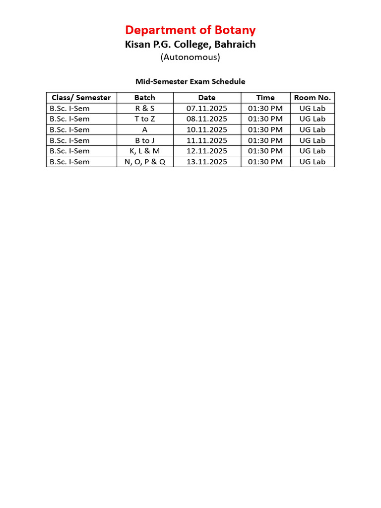 Mid Sem Schedule | PDF