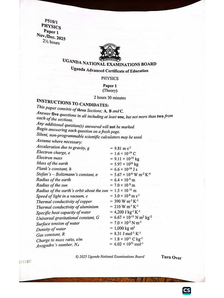 Uneb Uace Phy p1 2025 | PDF