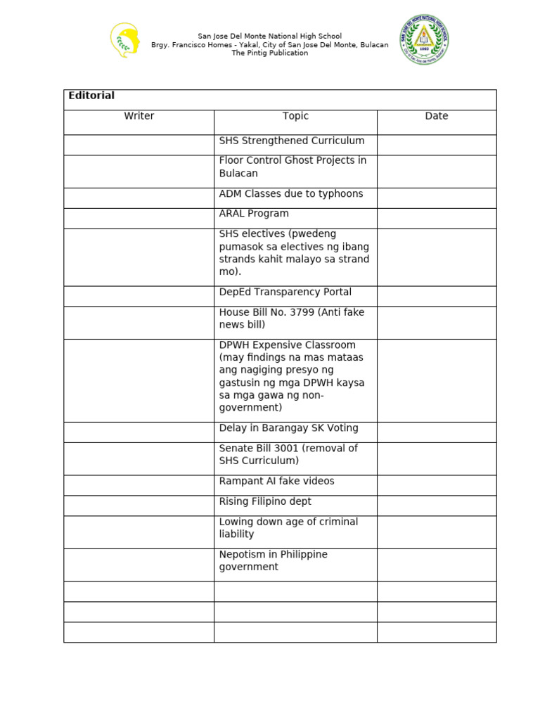The Pintig Newspaper Topic List Sample | PDF