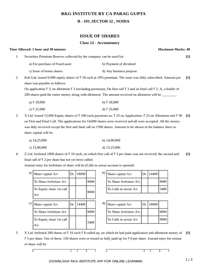 RKG Institute Class 12 Accountancy Guide | PDF | Equity (Finance ...