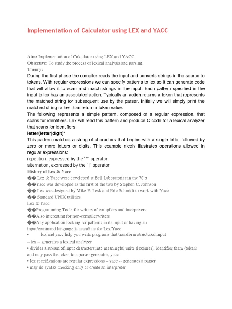 Implementation of Calculator Using LEX and YACC | PDF | Parsing ... Implementation of Calculator Using LEX and YACC | PDF | Parsing ...