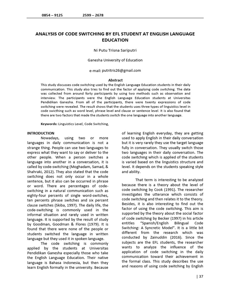 Analysis of Code Switching by EFL Student at English Language Education ...