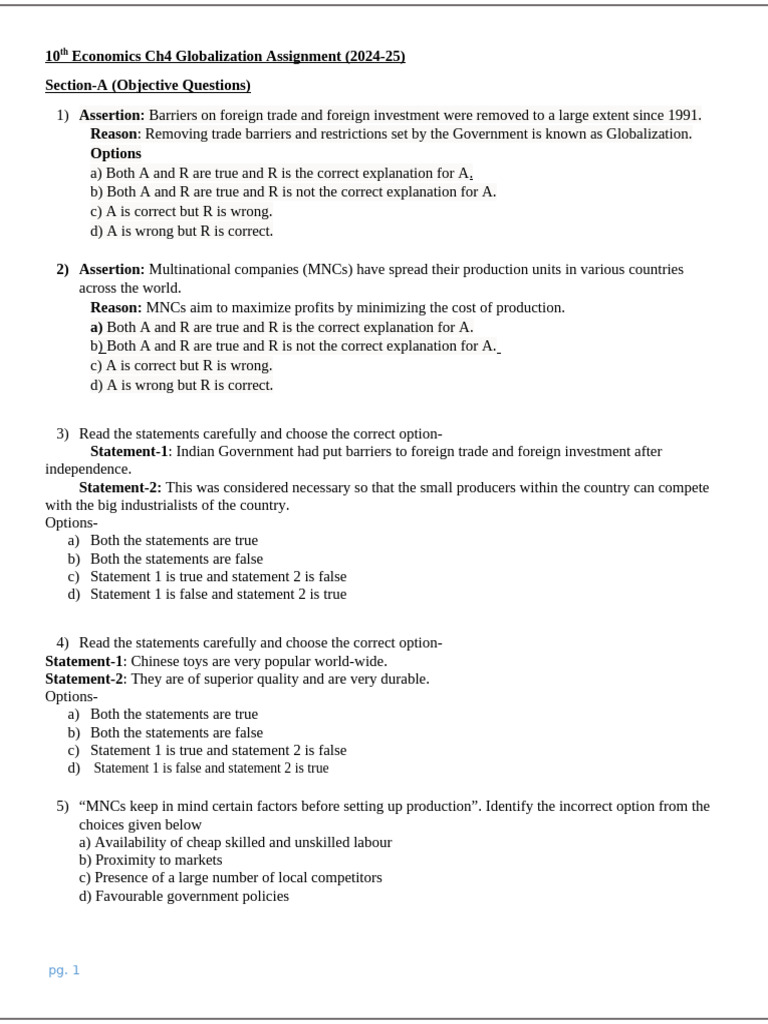Globalization Economics Assignment 2024-25 | PDF | Multinational ...