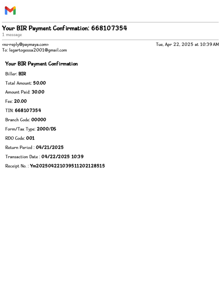 Gmail - Your BIR Payment Confirmation_ 668107354 | PDF