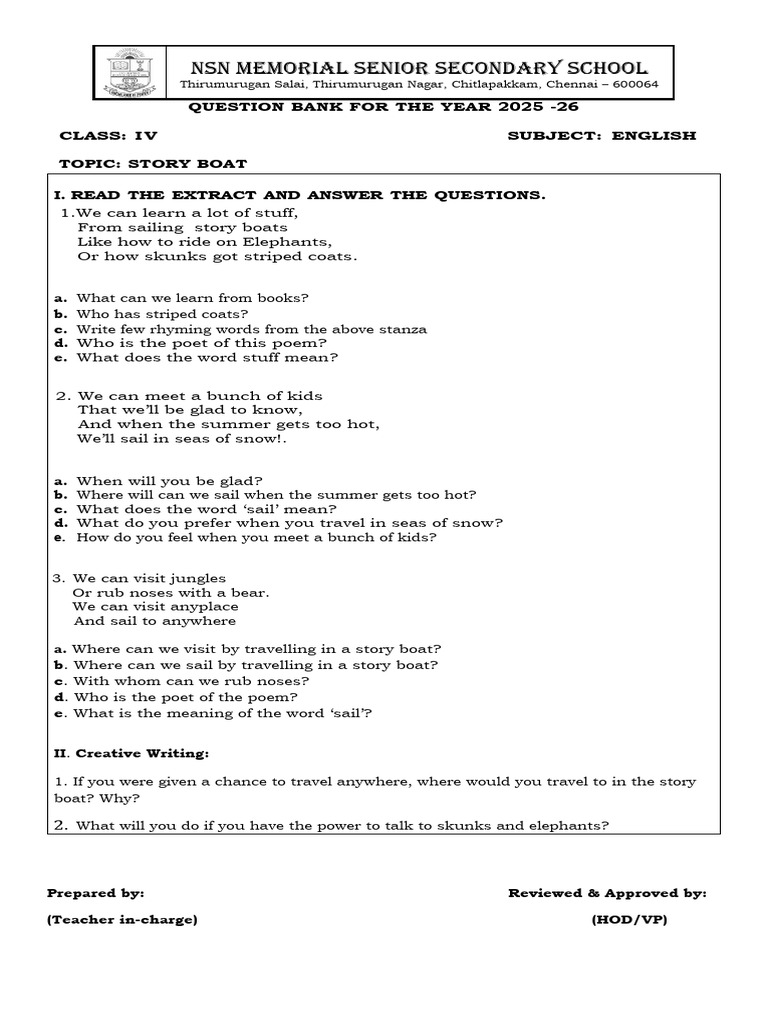Class IV English Story Boat Question Bank | PDF