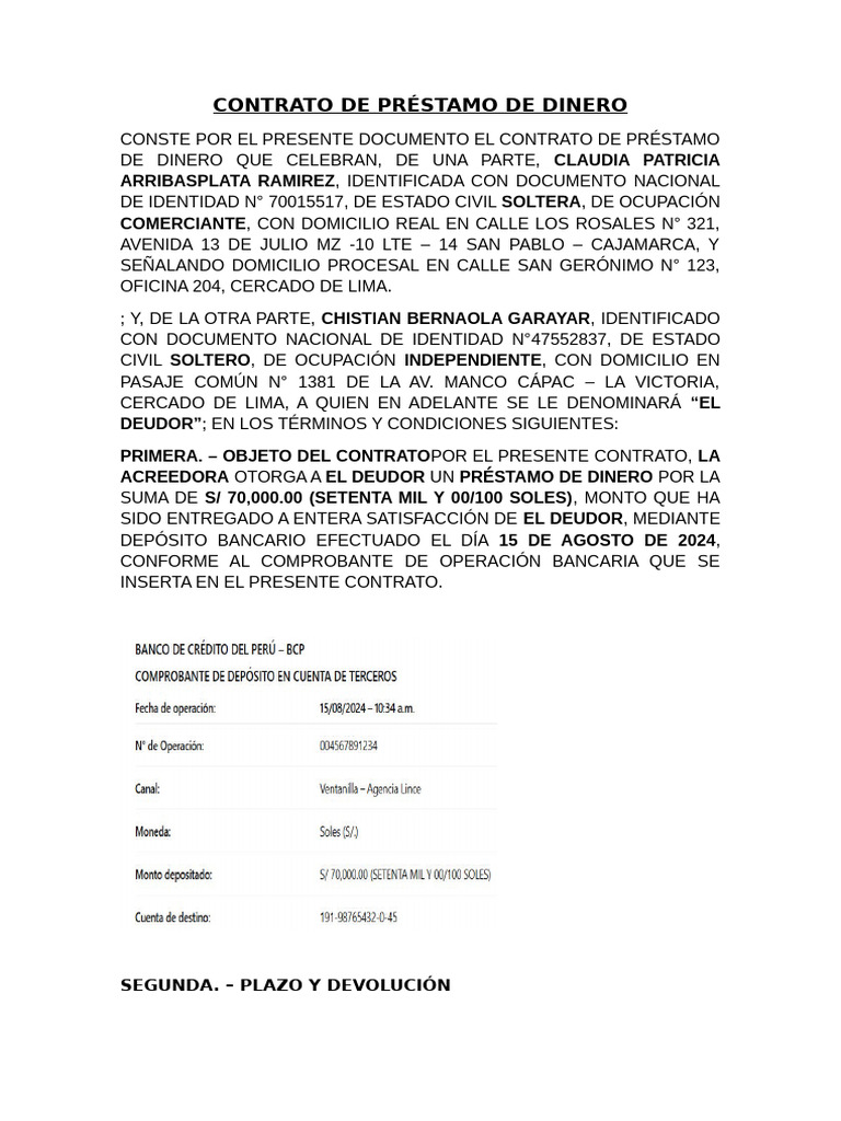 CONTRATO DE PRÉSTAMO DE DINERO | PDF