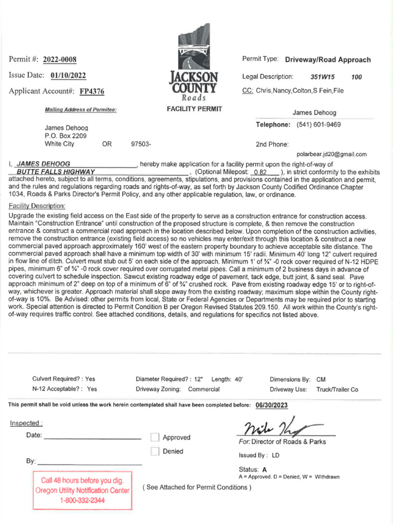 Road Approach Permit Butte Falls Highway #2022-0008 | PDF