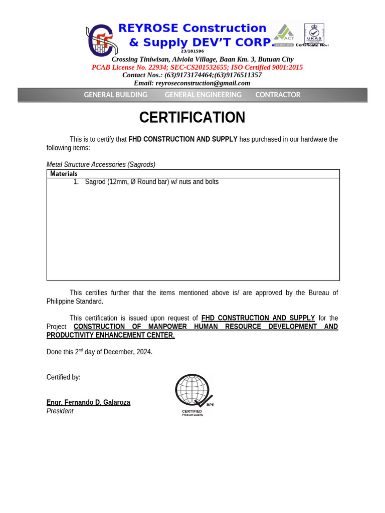 Plumbing Certificate - Metal Structure Accessories (Sag Rod) | PDF