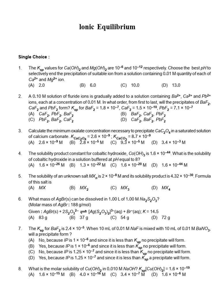 Ionic Equilibrium and Solubility Calculations | PDF | Hydroxide ...