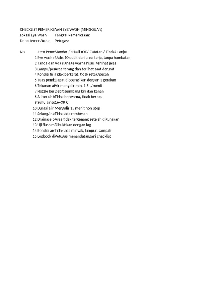 Checklist Mingguan Pemeriksaan Eye Wash | PDF