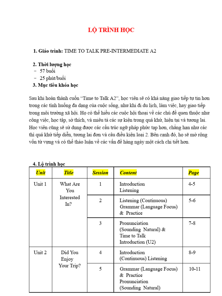 L Trình Time To Talk Pre-Intermediate A2 | PDF