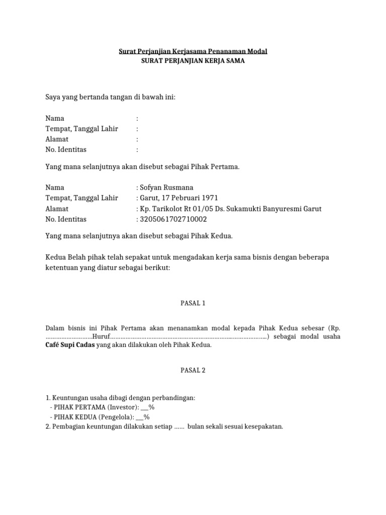 Surat Perjanjian Kerjasama Penanaman Modal Supi Cadas Pdf