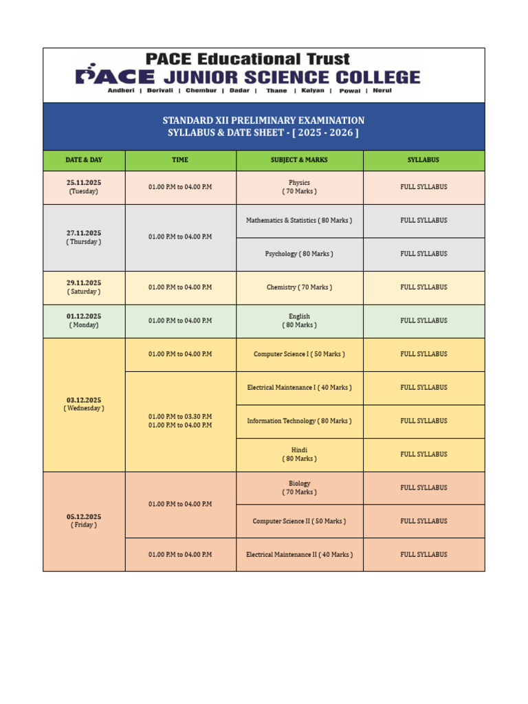 Standard XII - Preliminary Exam 1 - Syllabus & Date Sheet - (2025 - 2026) Revised (1) (1) .XLSX ...