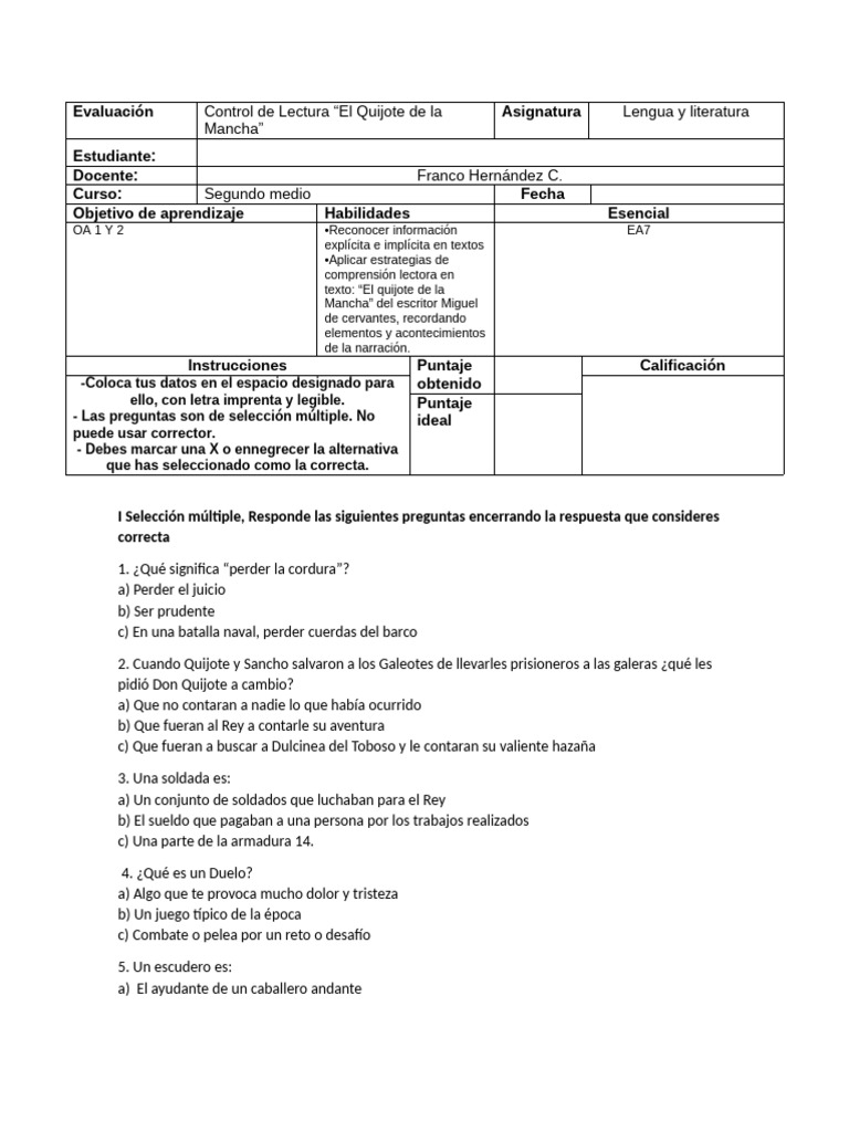 Control de Lectura Don Quijote de La Mancha 2do Medio | PDF | Don ...