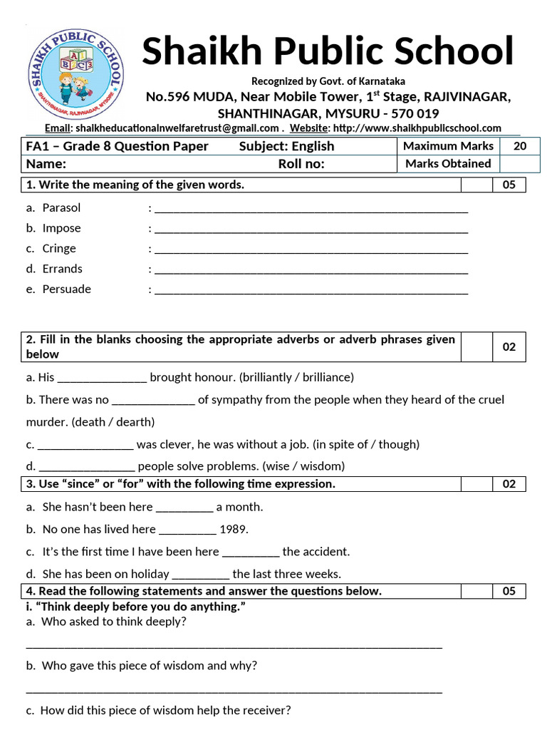 Fa1 Question Papers Grade 8 English | PDF | Linguistics | Syntax