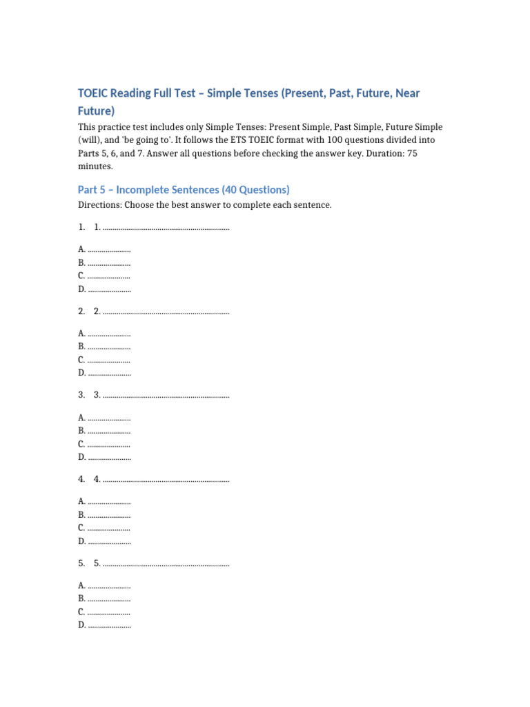 TOEIC Reading Test: Simple Tenses | PDF | Chess | Chess Theory