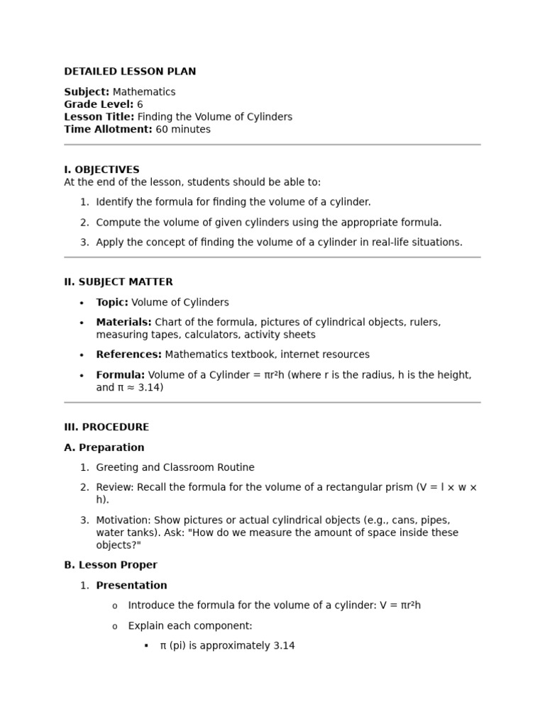 Volume of Cylinders Lesson Plan | PDF | Volume | Pi