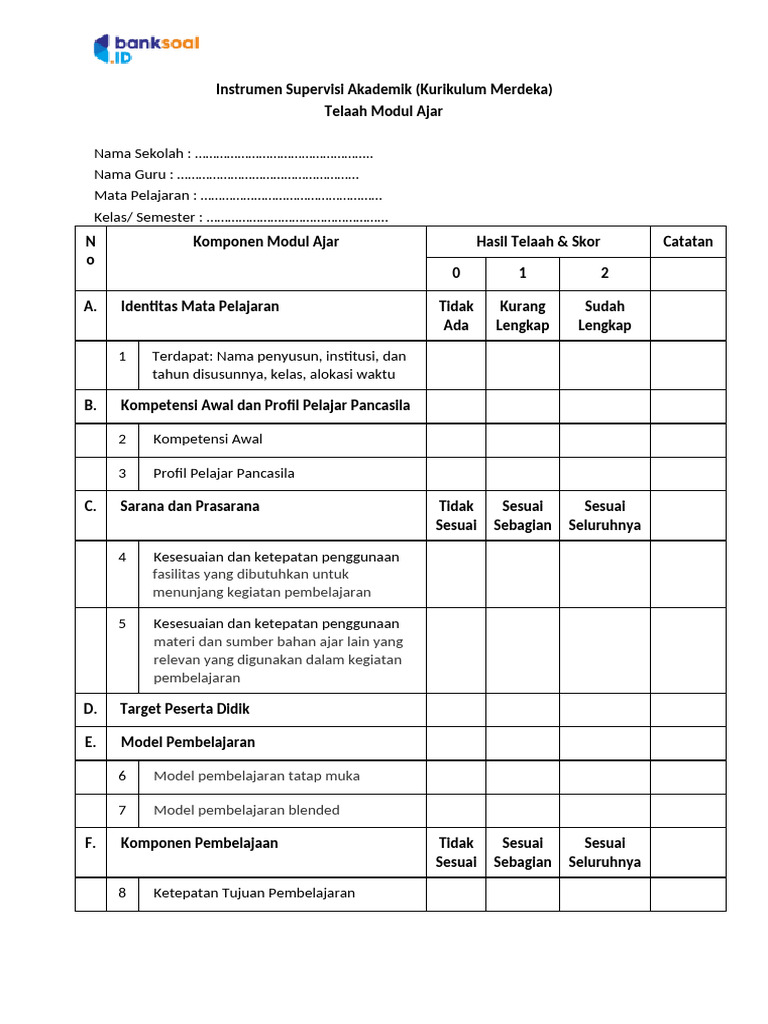 Instrumen Supervisi Penelaahan Modul Ajar | PDF