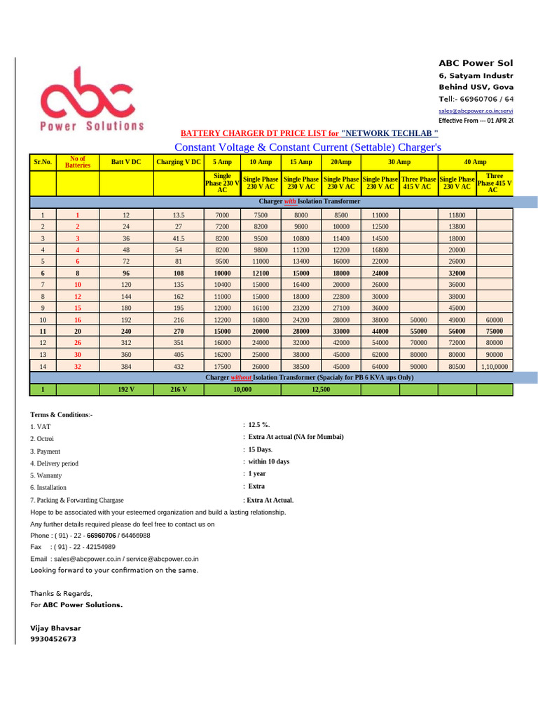 ABC - Batt Charger - DT - Price List - 130401 | PDF | Battery Charger ...