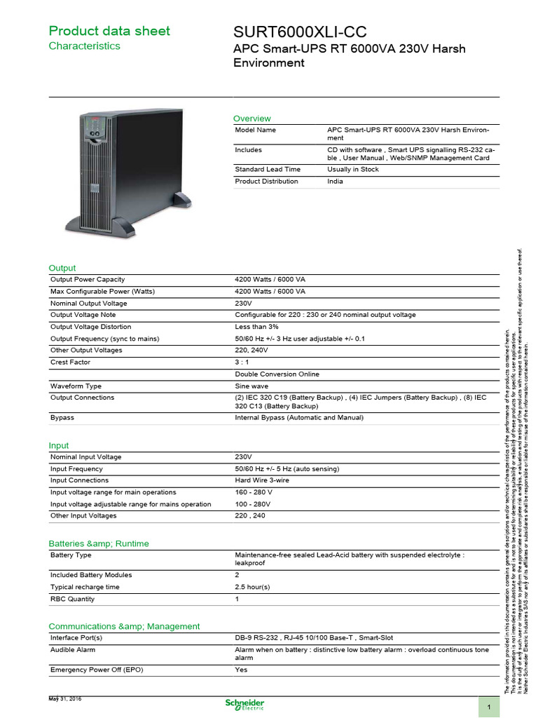 APC Smart-UPS RT 6000VA Specs Guide | PDF | Mains Electricity ...