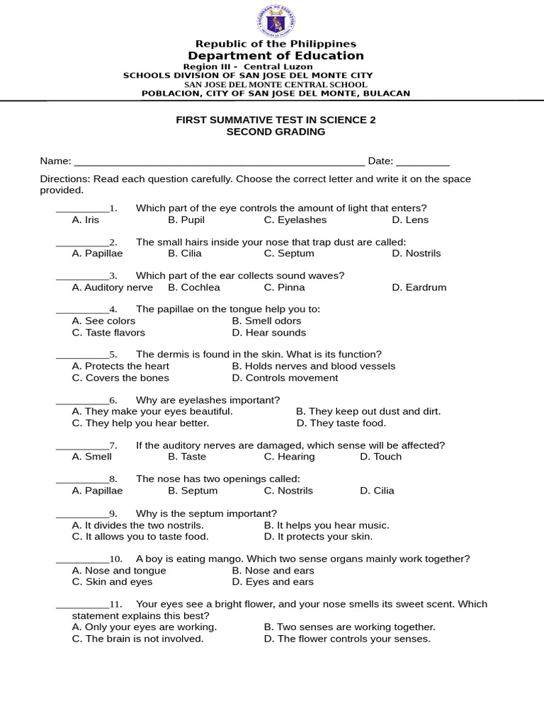 First Summative Test in Science 2 | PDF | Senses | Hearing