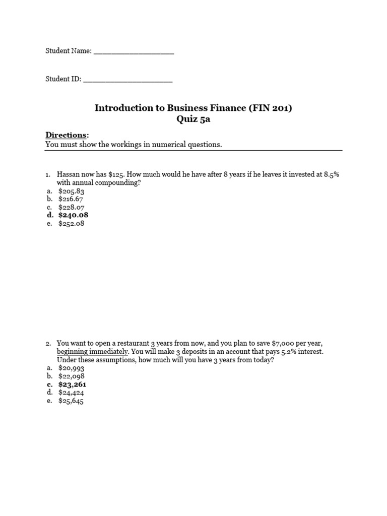 Business Finance Quiz 5a: Future Value Calculations | PDF