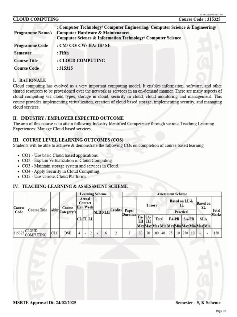 315325-Cloud Computing Syllabus | PDF | Virtualization | Cloud Computing