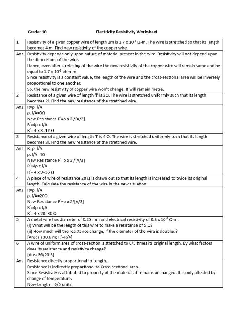 Electricity New Worksheet On Resistance and Resistivity Answers | PDF ...