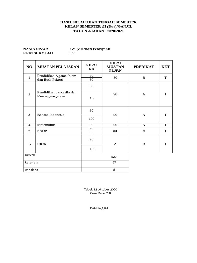 Blangko Nilai Uts 1 | PDF