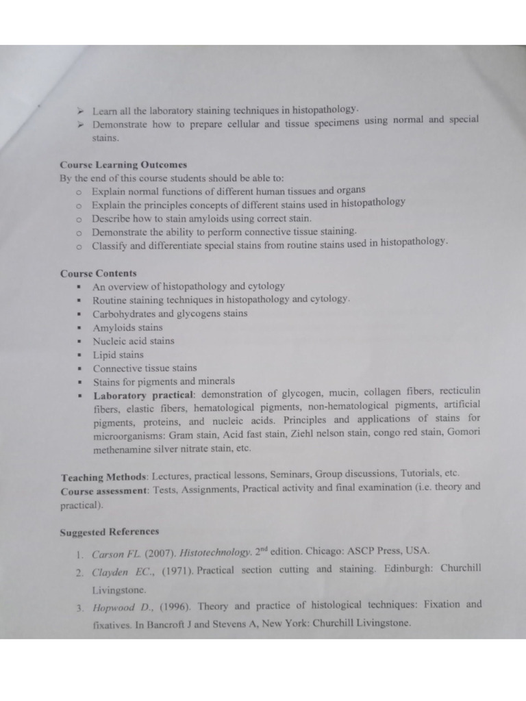 Histopathology and Cytology, Techniques Course Outline | PDF