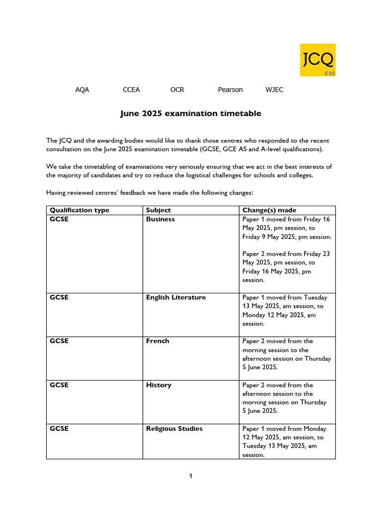 June 2025 Exam Timetable Changes | PDF | Educational Stages ...