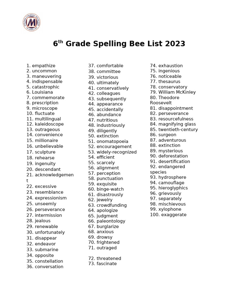 2023 6th Grade Spelling Bee Words | PDF